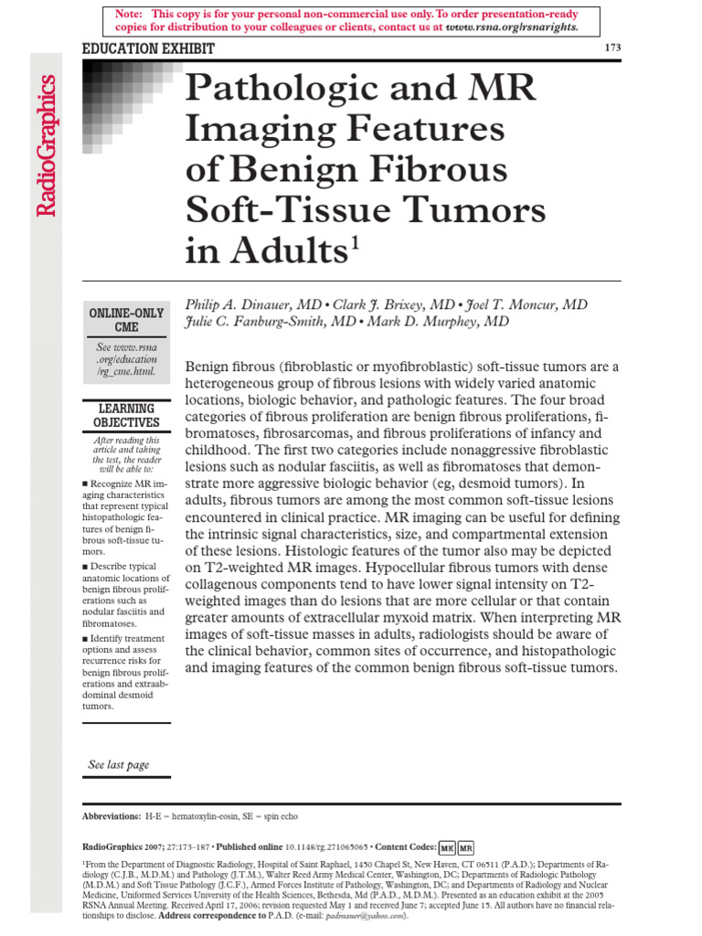 Pathologic and MR Imaging Features of Bening Fibrous Soft-Tissue Tumors ...