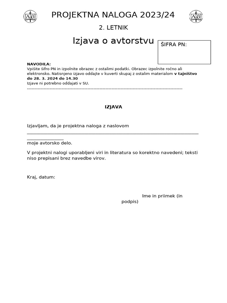 5.3. Izjava o Avtorstvu - 2. Letnik | PDF