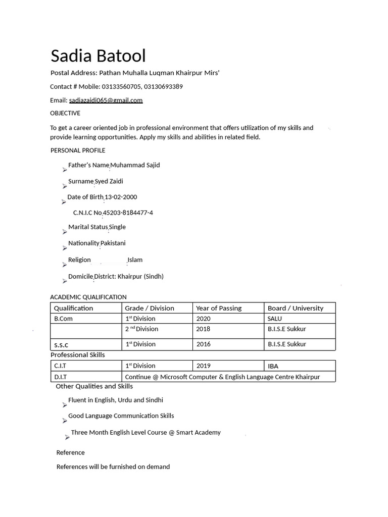 Sadia Batool CV | PDF