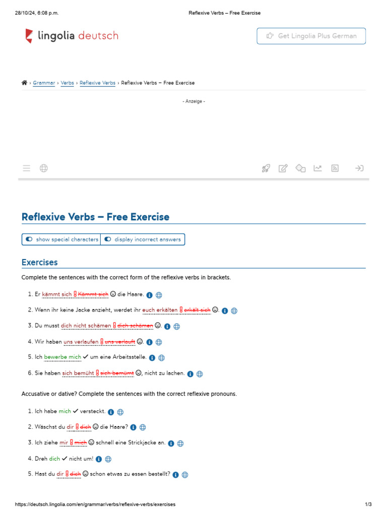 Reflexive Verbs - Free Exercise | PDF