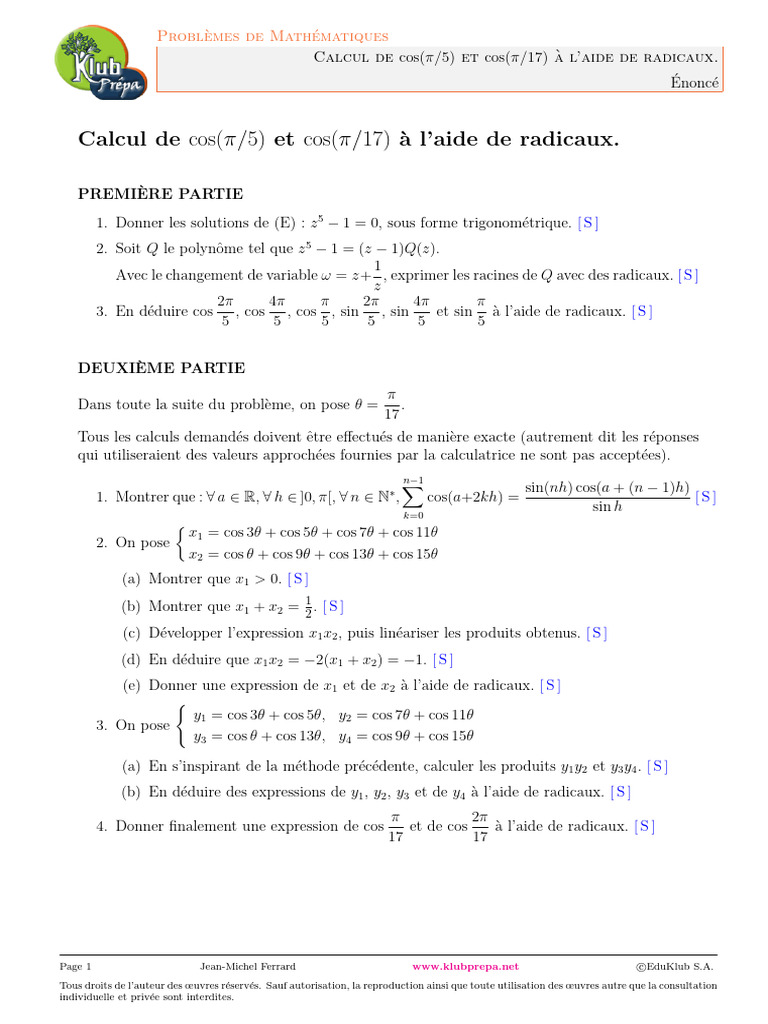 Calcul de cos(π/5) et cos(π/17) | PDF | Pi | Concepts mathématiques