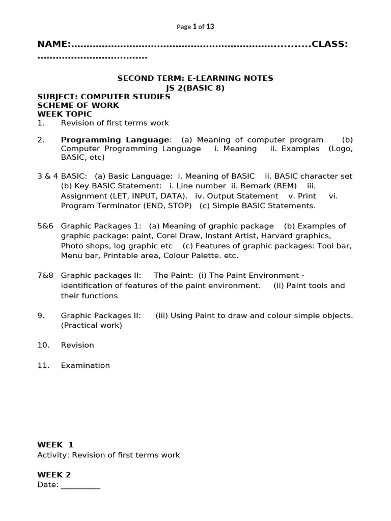 2ND Term JS 2 Computer Studies | PDF | Basic | Computer Programming