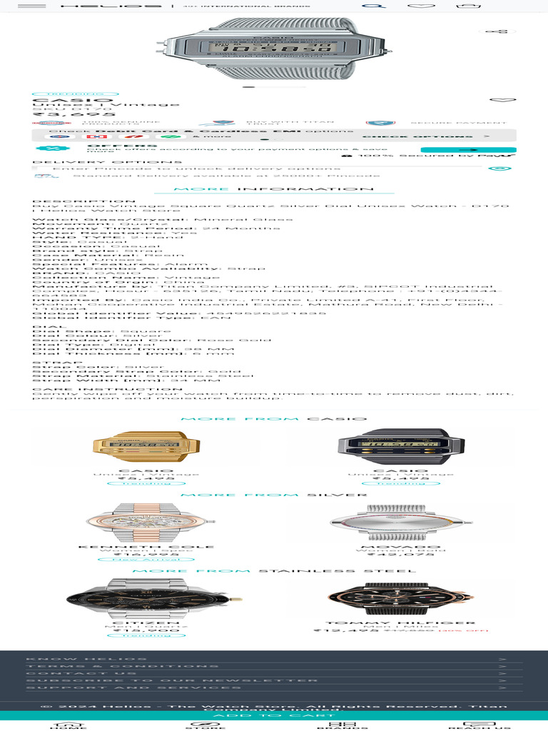 Casio Vintage Square Shape Unisex - D170 Helios Watch Store | PDF ...