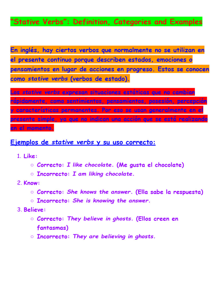 Verbos Estativos: Definición y Ejemplos | PDF | Artes del Lenguaje y ...