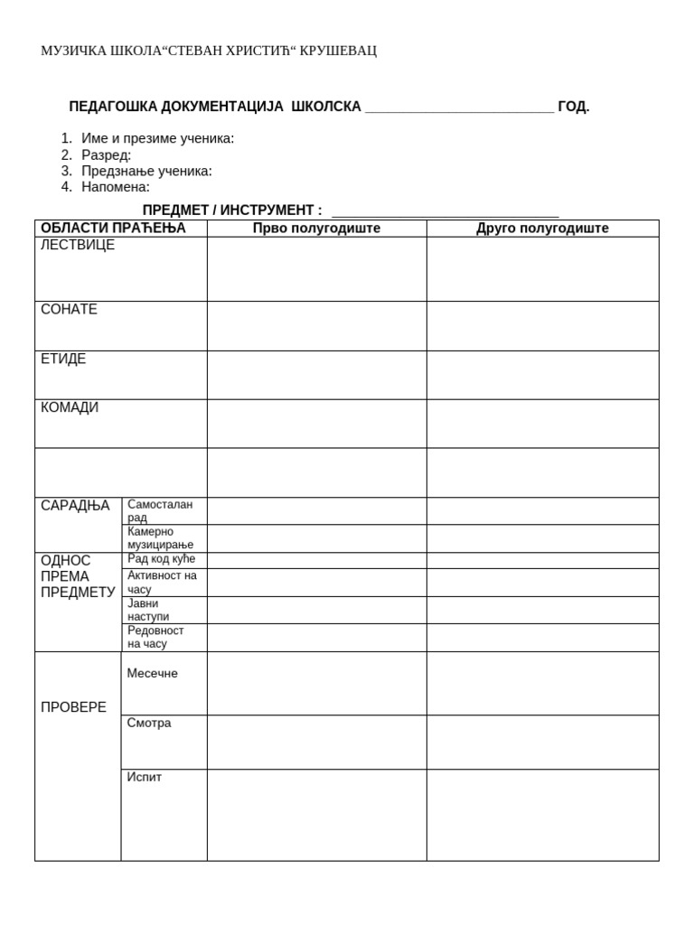 Pedagoska Dokumentacija - Instrumentalisti | PDF