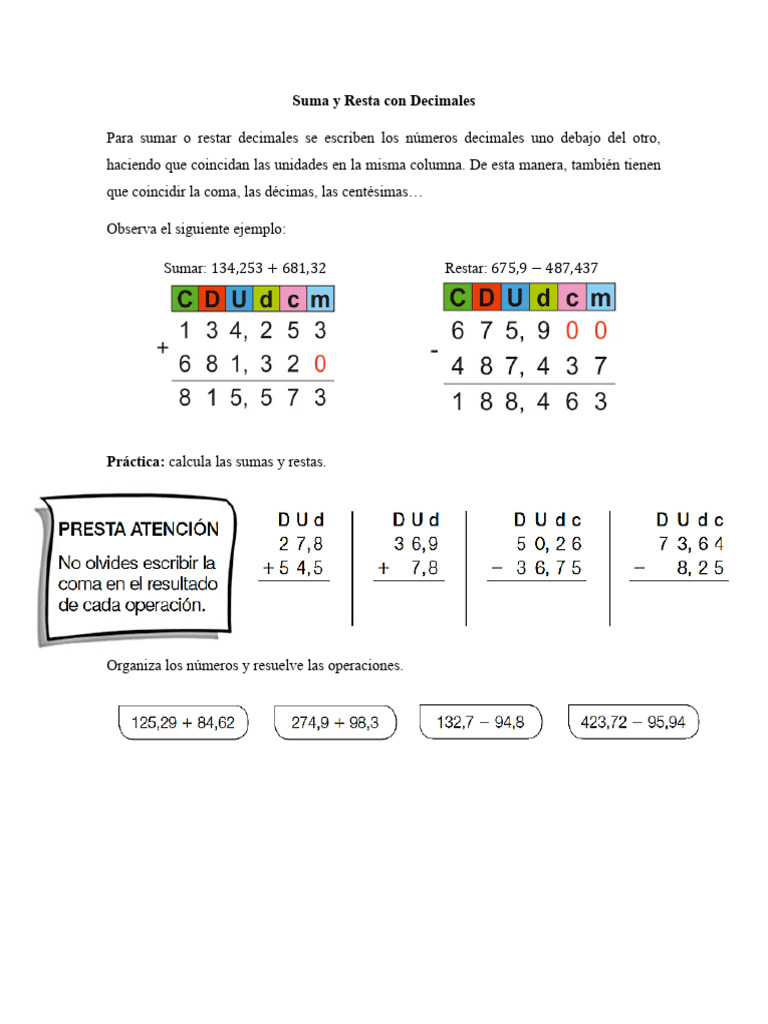 Suma y Resta Con Decimales - Teoría | PDF | Finanzas y dinero | Métodos ...