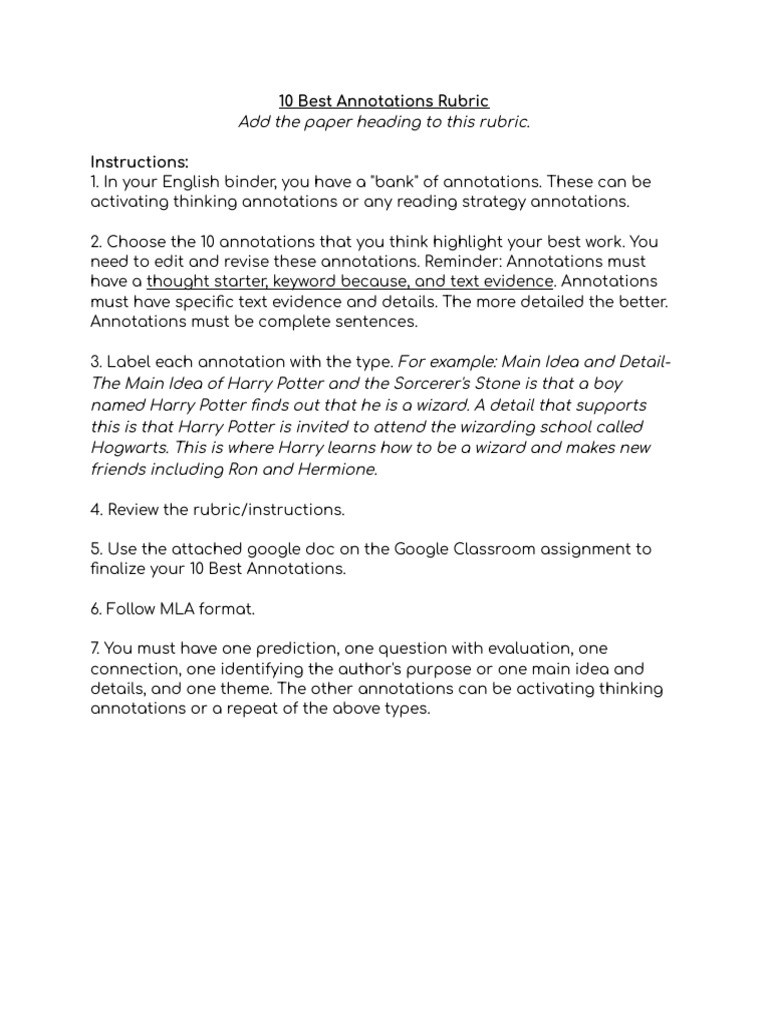 10 Best Annotations Rubric 2024 | PDF | Annotation | Harry Potter