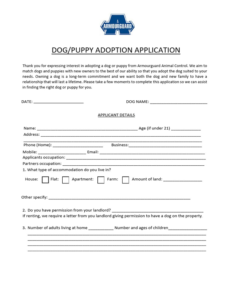 Dog Adoption Application Form | PDF | Dogs | Pet