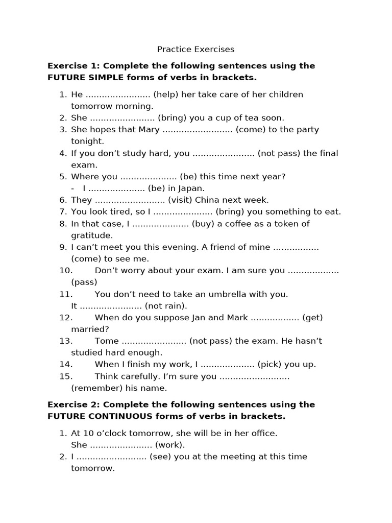 Practice Exercises (Future tense) | PDF