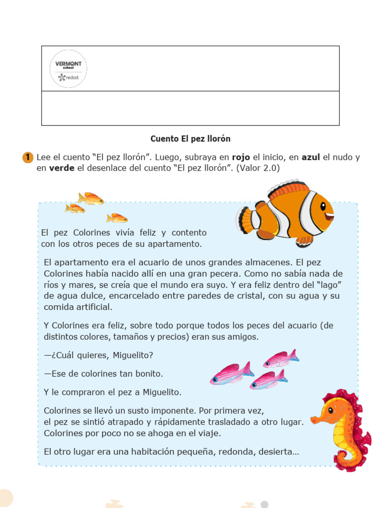 Taller de Comprensión de Lectura El Pez Llorón | PDF | Pescado | Acuario