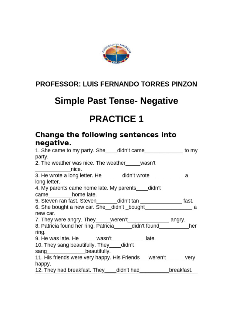 Simple Past Tense in Negative - PRACTICE | PDF | Language Arts & Discipline