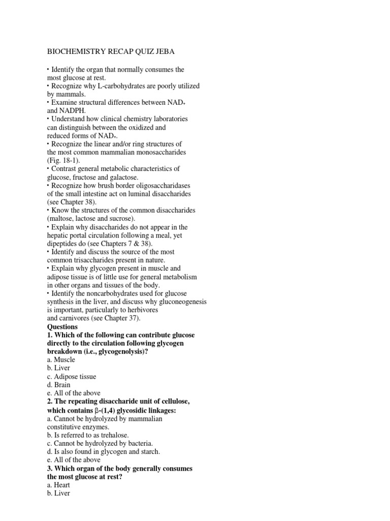 Biochemistry Quiz: Glucose & Metabolism | PDF | Carbohydrates | Glucose
