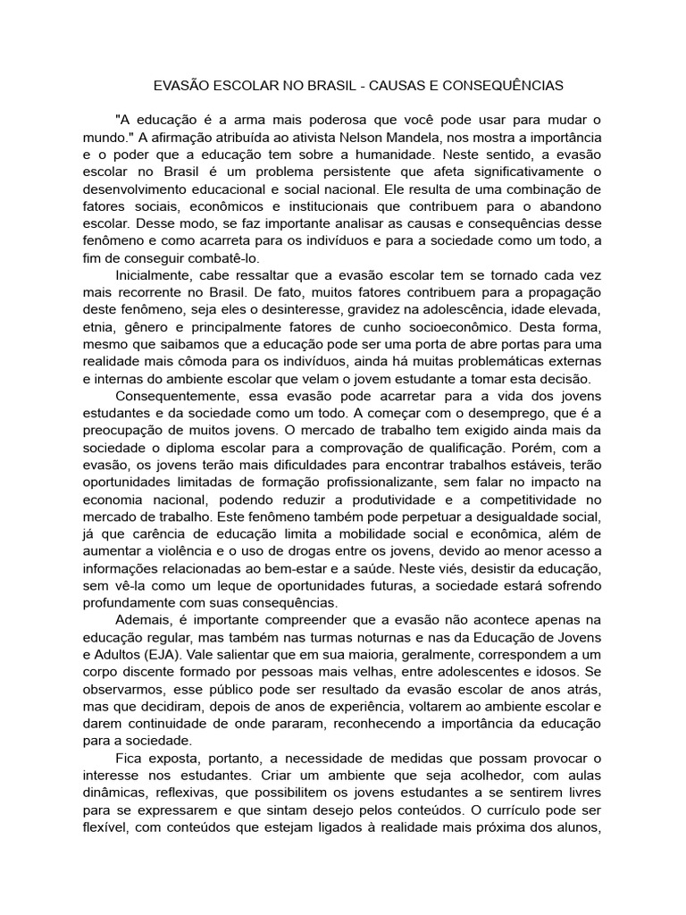 Evasão Escolar No Brasil - Causas e Consequências | PDF | Sociologia ...