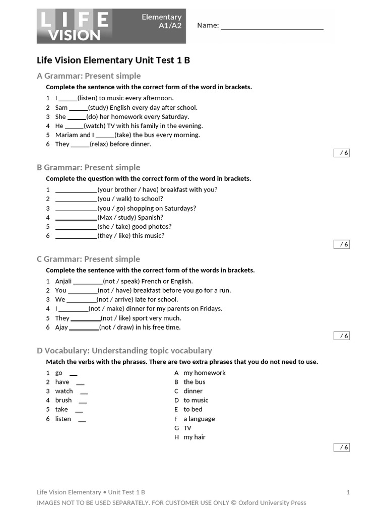 Life Vision Elementary Unit Test 1 | PDF | Vocabulary | English Language