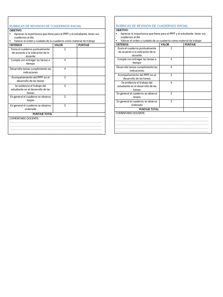 Rubricas de Revision de Cuadernos Inicial | PDF