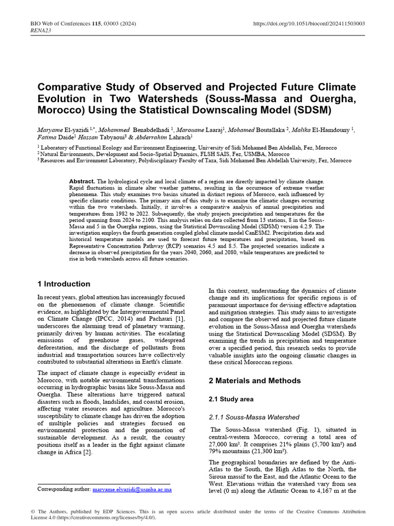 Comparative Study of Observed and Projected Future Climate Evolution in Two Watersheds (Souss ...