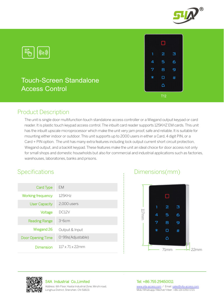 S4A - T12 Touch-Screen Standalone Access Control | PDF | Technology & Engineering