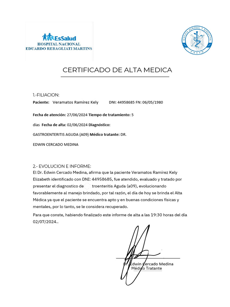 Certificado de Alta Medica PDF | PDF | Salud y bienestar