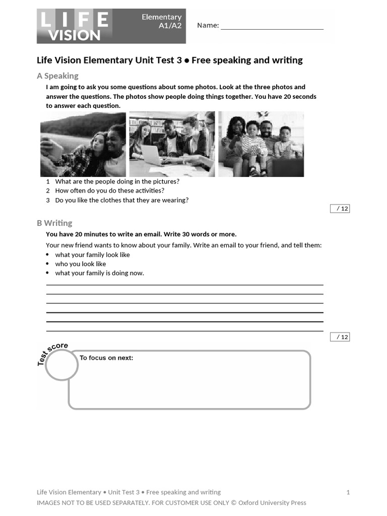 Life Vision Elementary Unit 3 Test | PDF