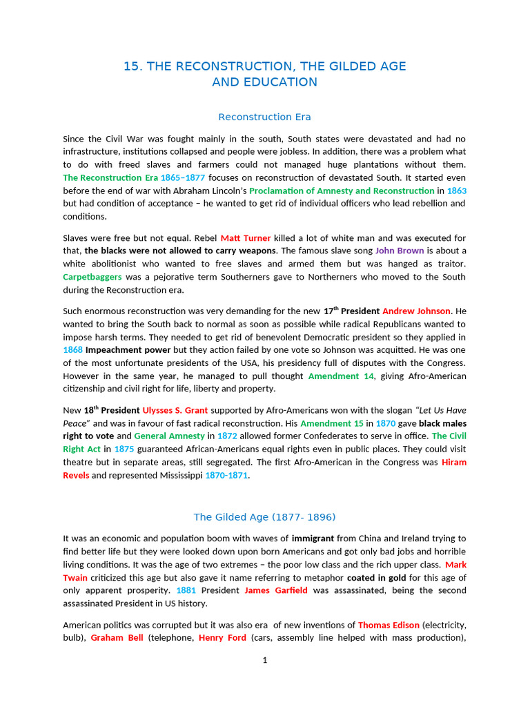 Reconstruction, Gilded Age and Education | PDF | Reconstruction Era ...