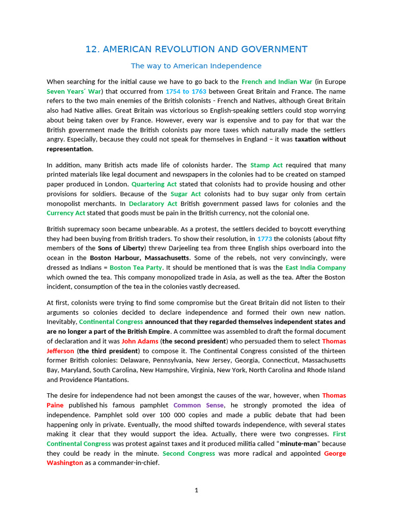 American Revolution and Government | PDF | Continental Congress ...