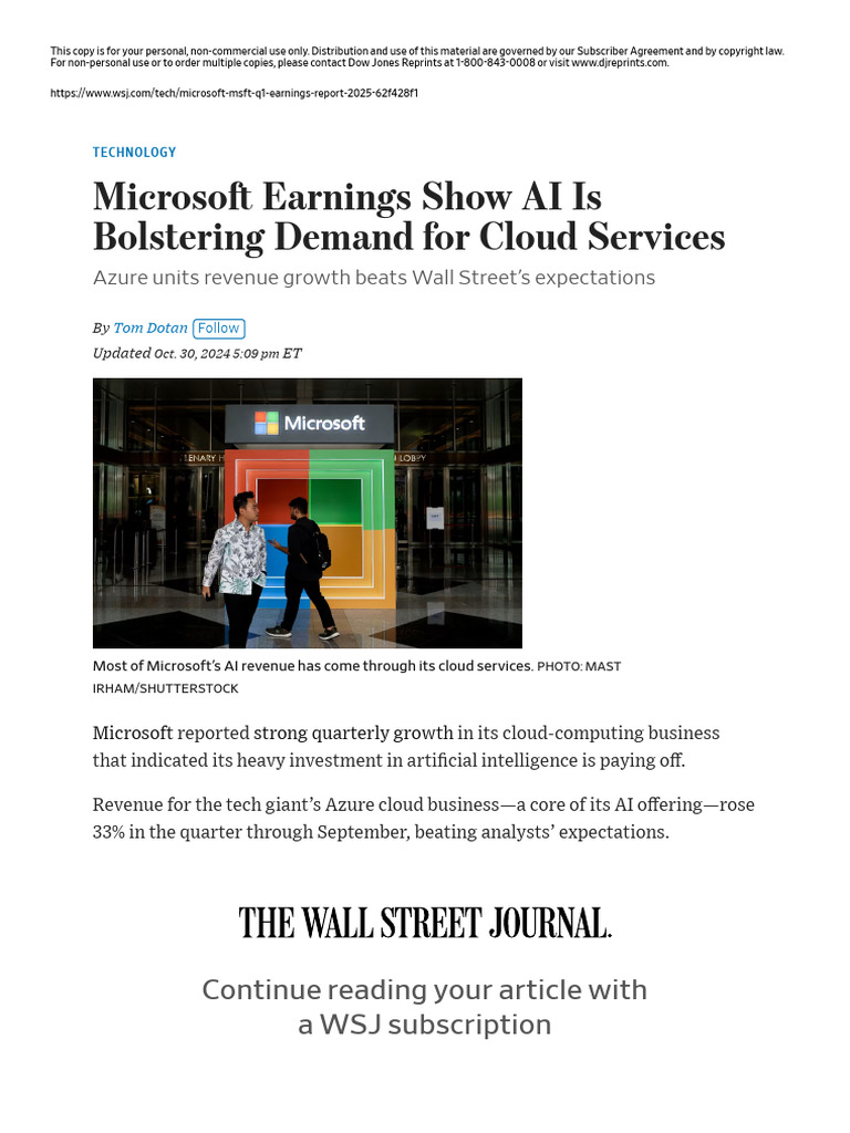 Microsoft Earnings Show AI Is Bolstering Demand For Cloud Services - WSJ | PDF