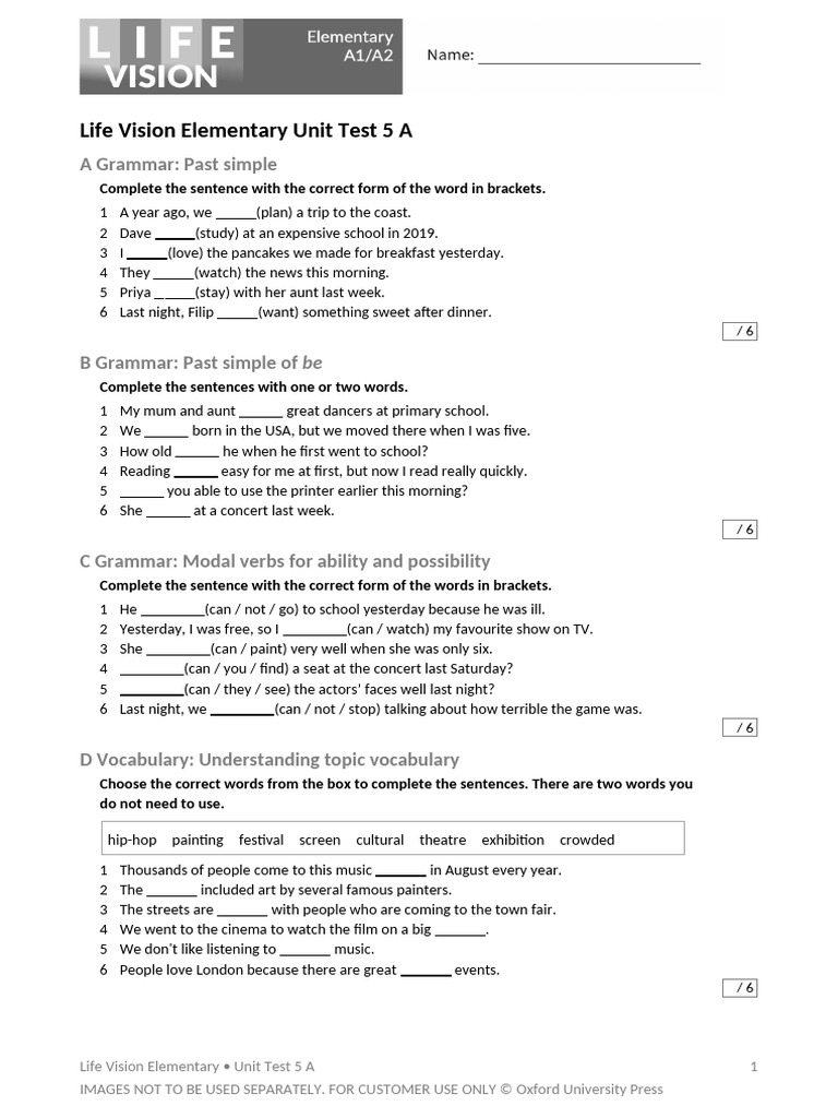 Life Vision A1-A2 - Unit 5 - Original - Trimestral | PDF | Vocabulary