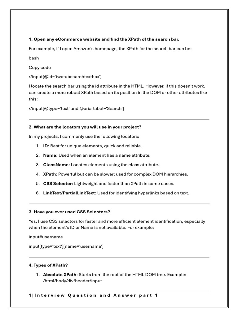 XPath and Selenium Interview Guide | PDF | Data Type | Constructor ...