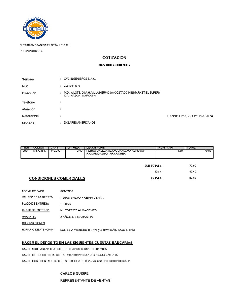 Cot. CVC Ingenieros S.A.C. | PDF | Dinero | Bancario