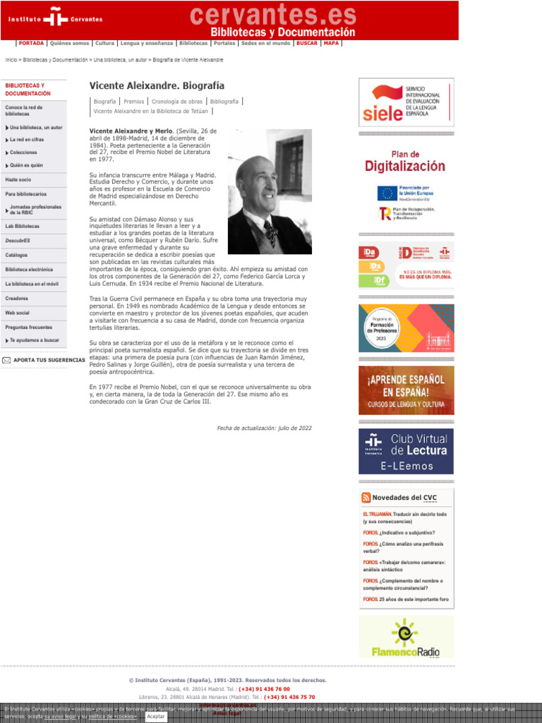 Biografía Español. Vicente Aleixandre, Poeta Español. Biblioteca ...