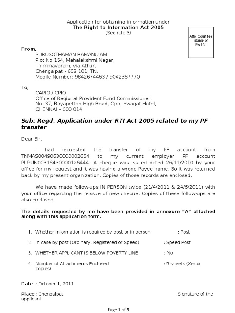 RTI Application for PF Transfer Inquiry | PDF | Social Institutions ...