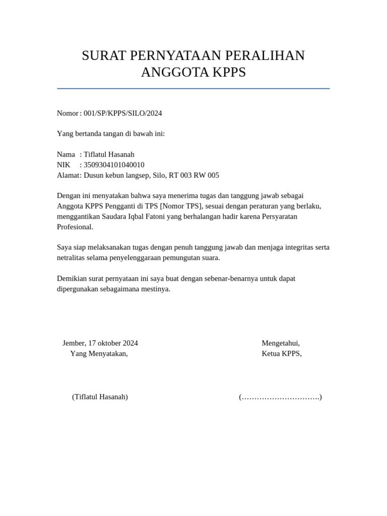 Surat Pernyataan Peralihan Anggota KPPS | PDF | Hukum