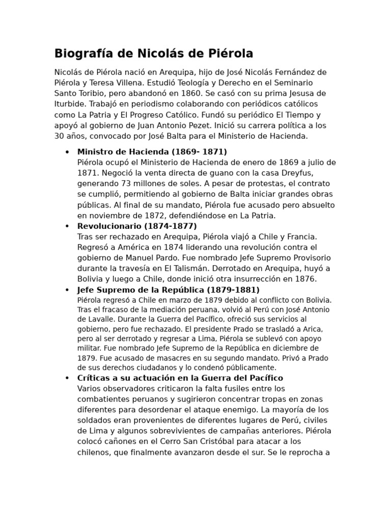 Biografía de Nicolás de Piérola | PDF | Perú | América del Sur