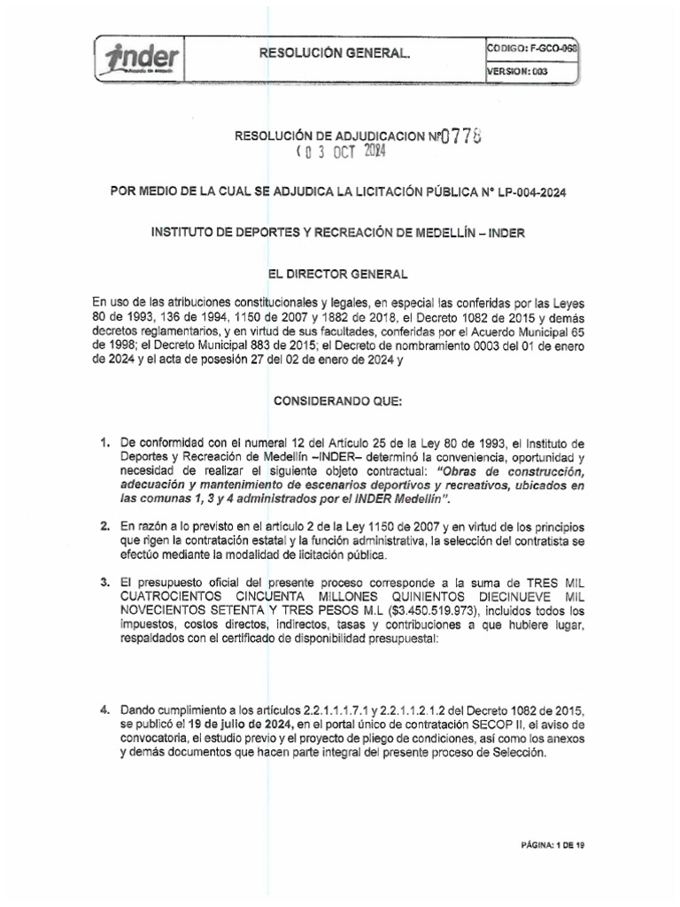 Resolución de Adjudicación 0778 | PDF