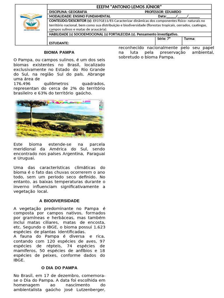 Atividades sobre o Bioma Pampa | PDF | Ambiente natural | Ecologia
