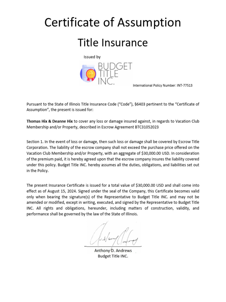 Certificate of Assumption | PDF