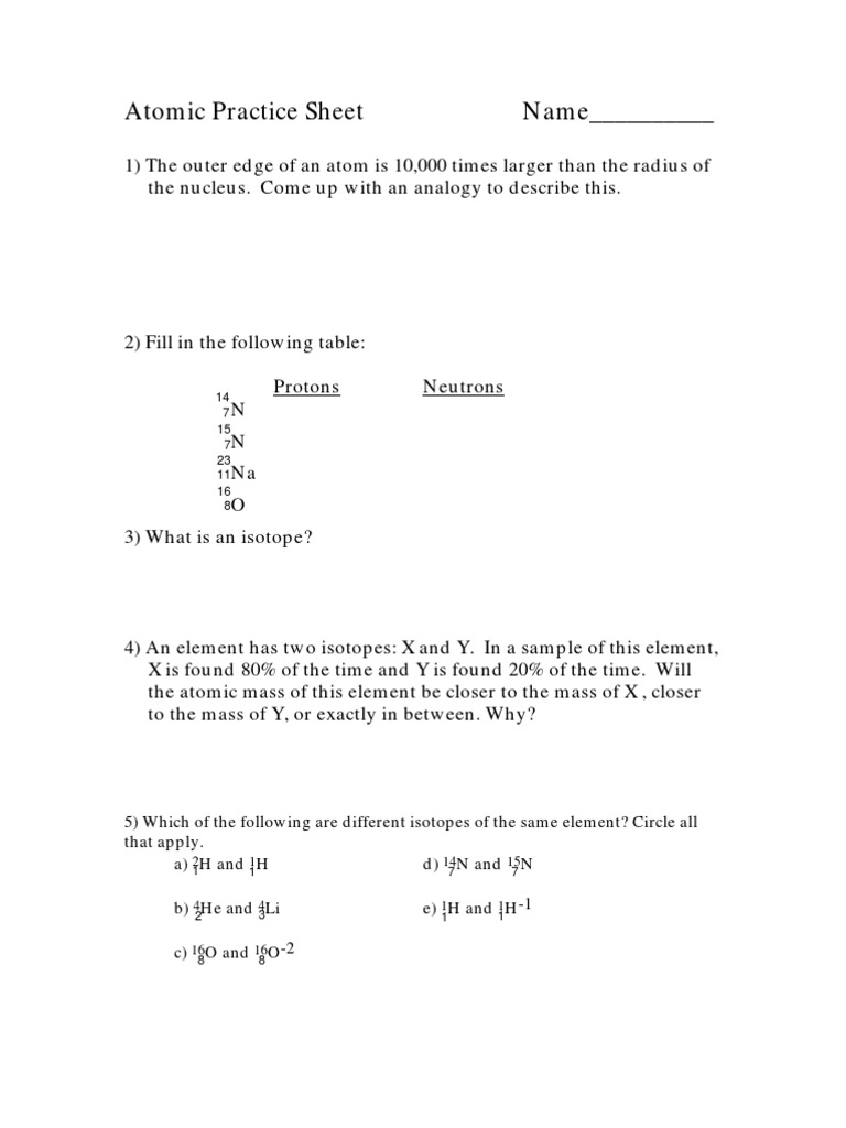 Atomic Structure Practice Sheet | PDF | Science & Mathematics ...