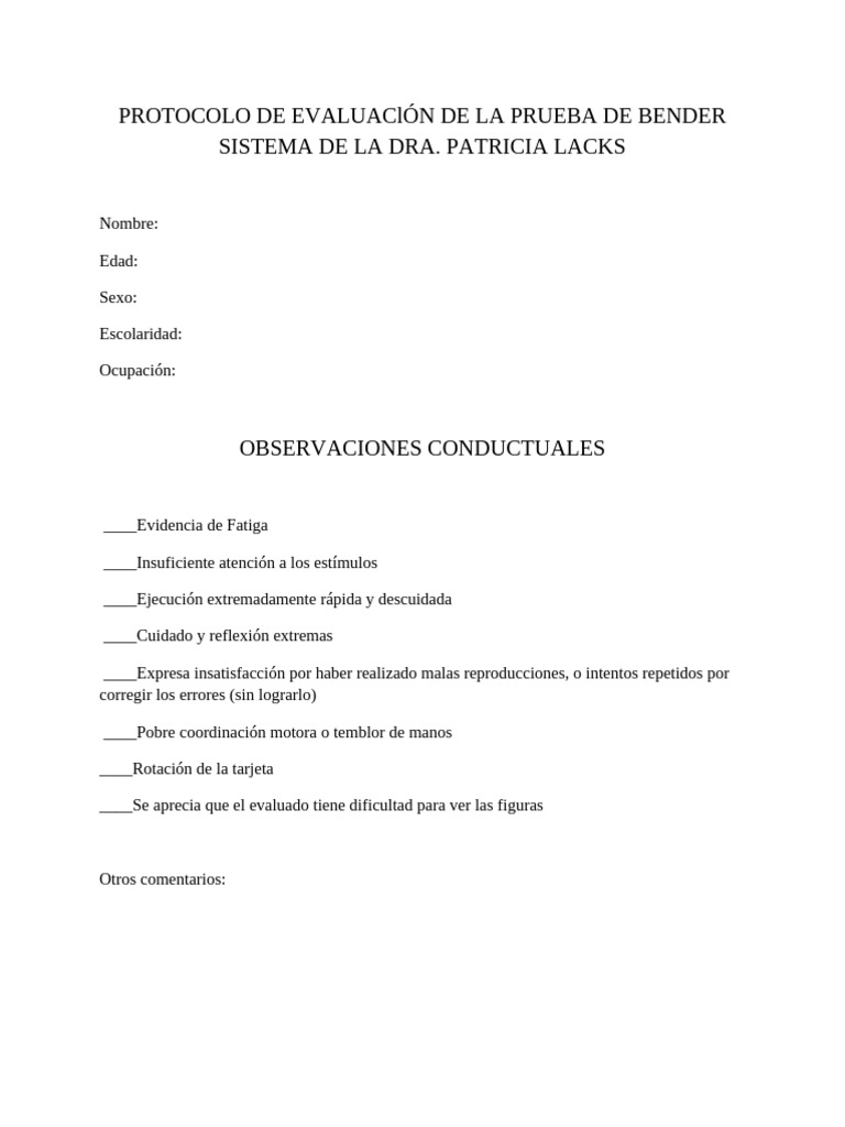 Evaluación Bender: Protocolo de Lacks | PDF