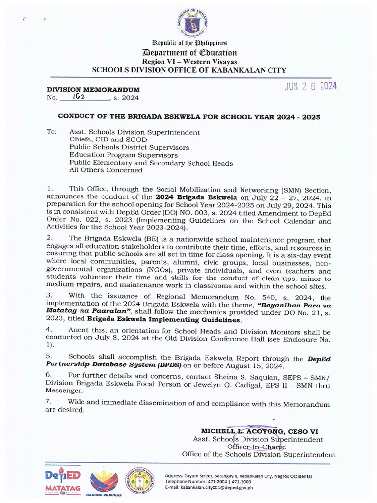 Division Memorandum No. 162 S. 2024 Conduct of The Brigada Eskwela For ...
