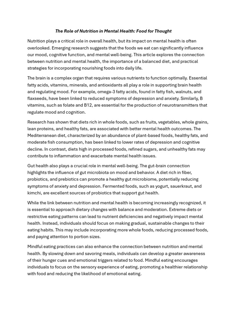 The Role of Nutrition in Mental Health | PDF | Diet (Nutrition) | Diet ...