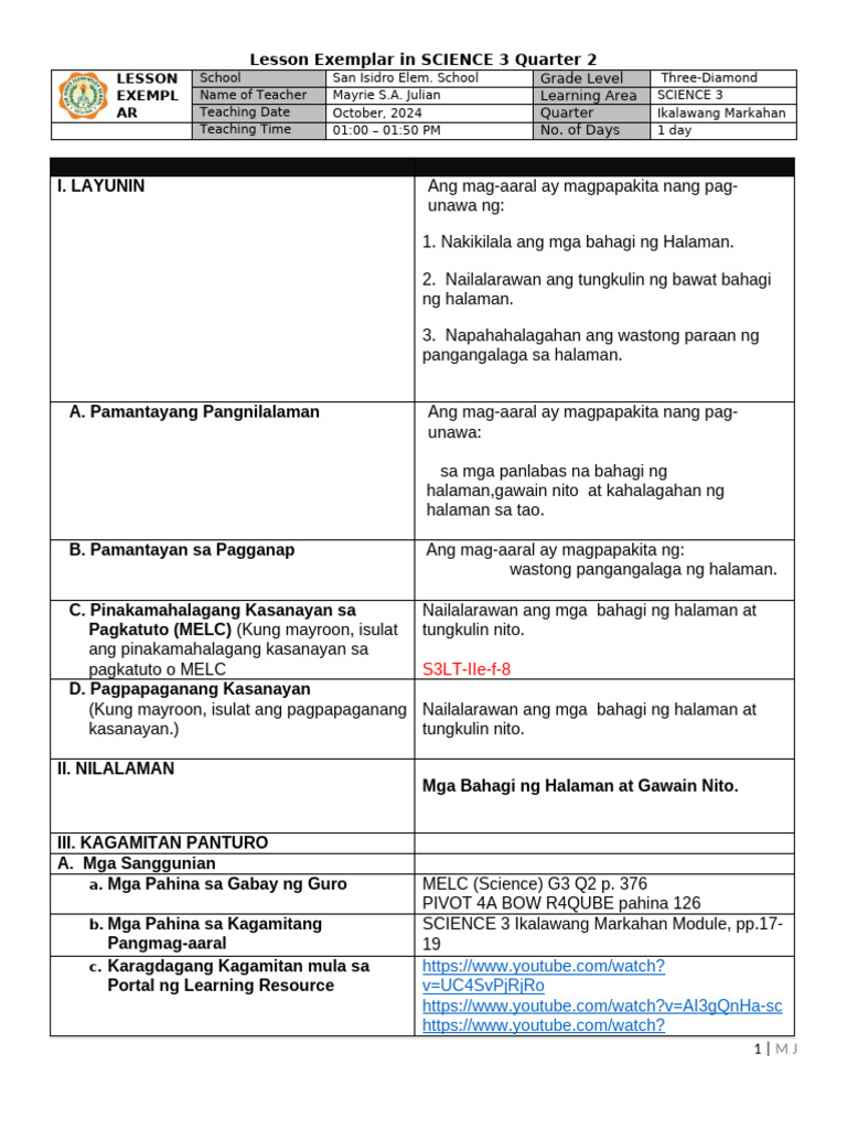 COT1-Grade-3-SCIENCE-Q2-Week-4 MGA BAHAGI NG HALAMAN - JULIAN-MAYRIE | PDF