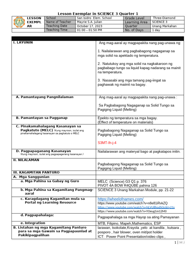 COT1-Grade-3-SCIENCE-Q1-Week-5 MELTING | PDF