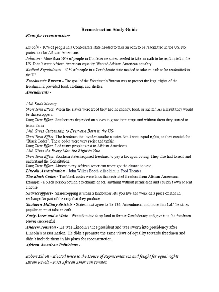 Reconstruction Study Guide | PDF | Reconstruction Era | Freedman