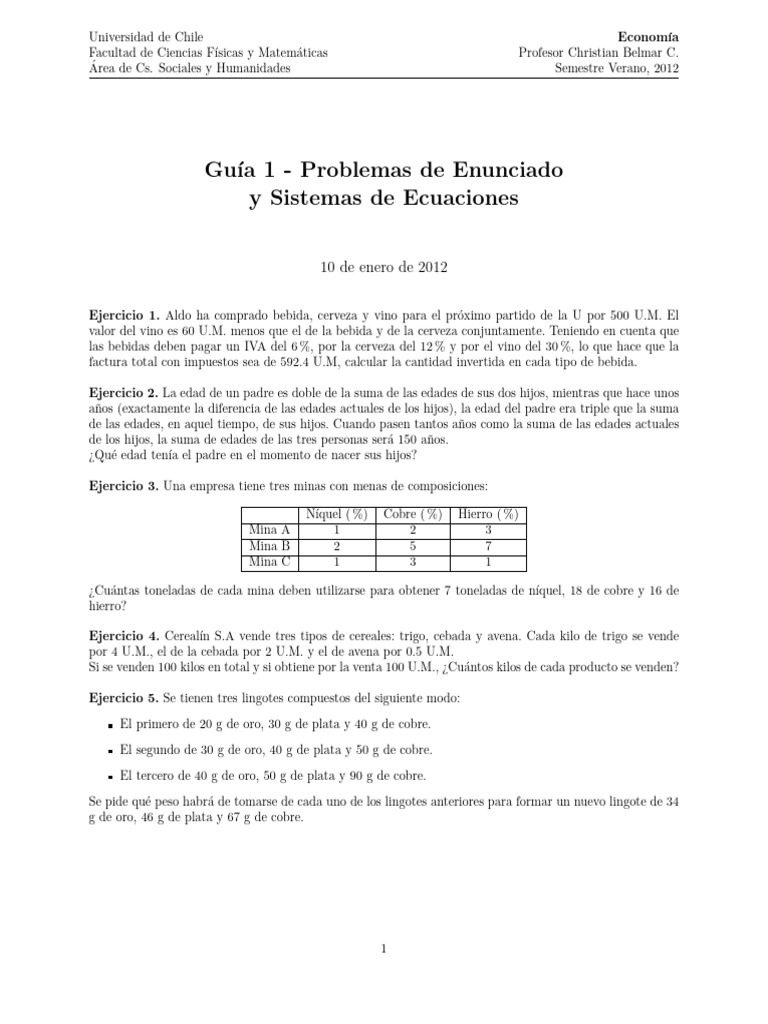 Guia 1 Problemas de Enunciado y Sistemas de Ecuaciones | PDF | Cobre | Cerveza
