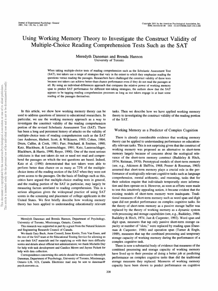 Using Working Memory Theory To Investigate The Construct Validity of ...