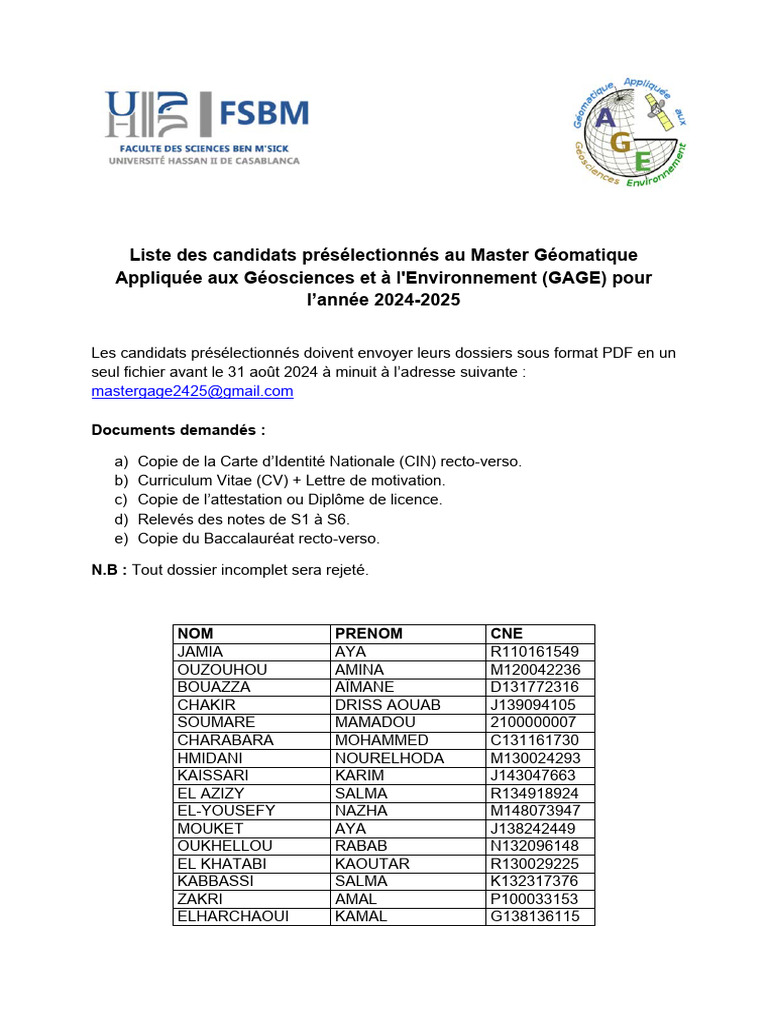 Liste Présélection Master GAGE 24 25 | PDF