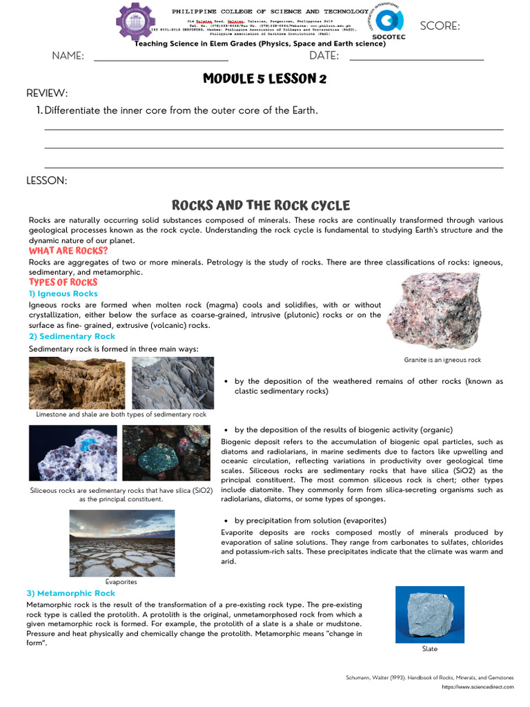 MODULE 5 LESSON 2 - Rocks and Rock Cycle | PDF | Rock (Geology) | Sedimentary Rock
