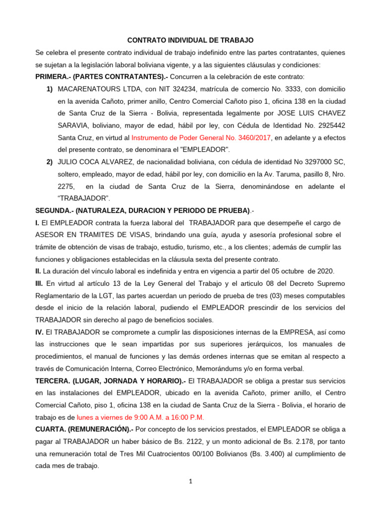 Modelo Contrato Laboral | PDF | Derecho laboral | Business