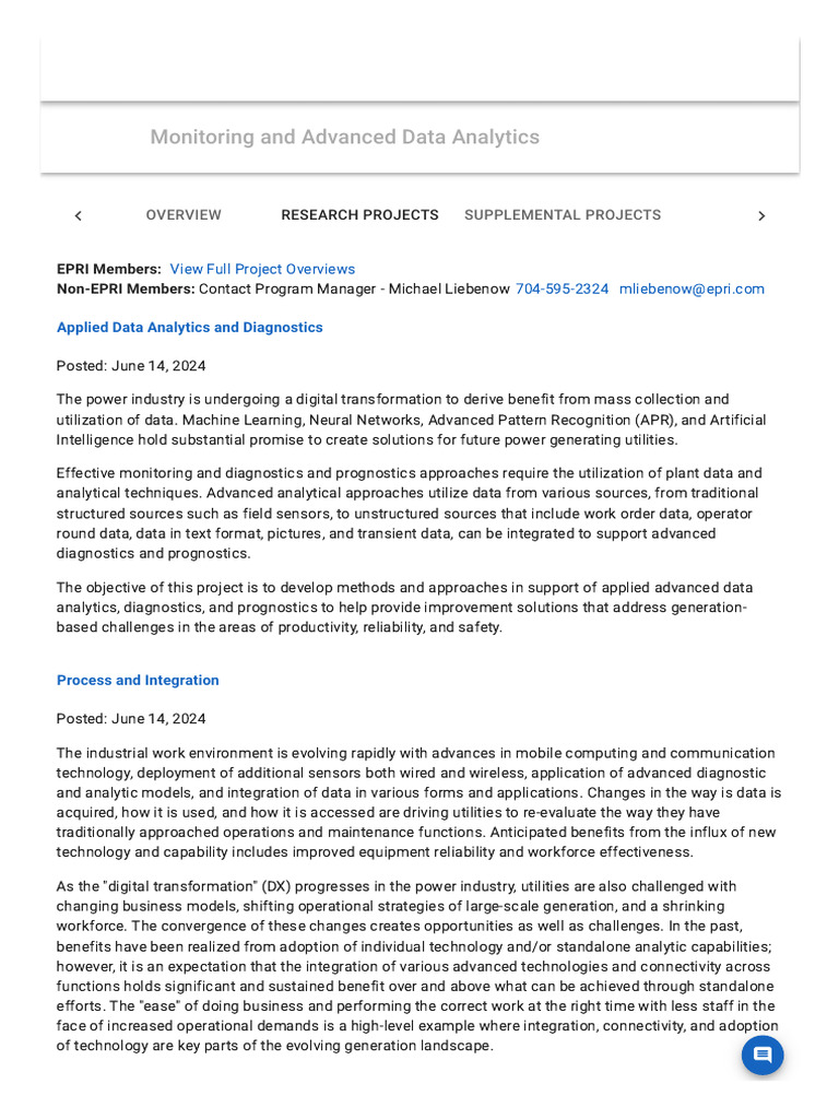 EPRI Project Monitoring and Advanced Data Analytics | PDF | Analytics | Data