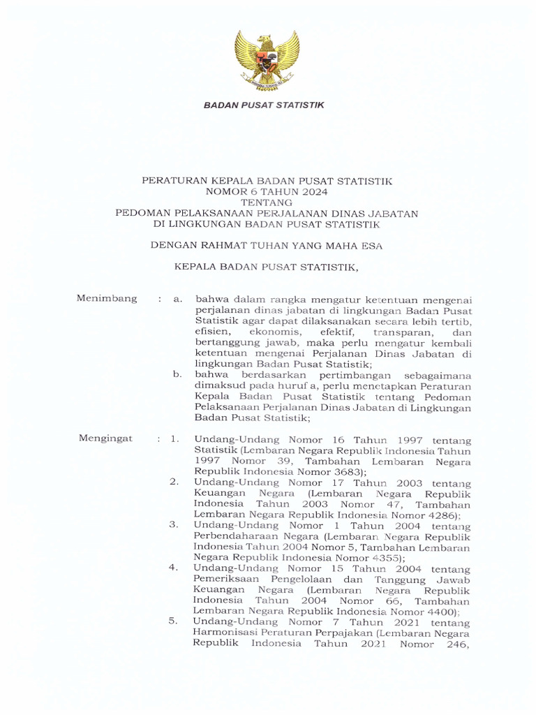 Perka BPS Nomor 6 Tahun 2024 Tentang Pedoman Pelaksanaan Perjalanan Dinas Jabatan Di Lingkungan ...